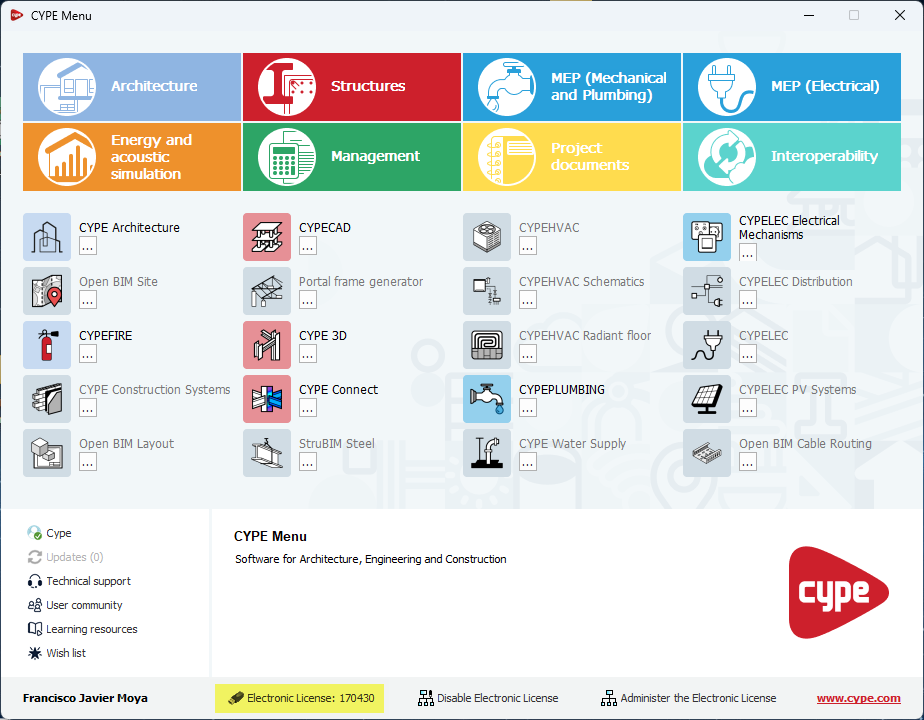 What permissions are available in my CYPE license? - Learning | Cype