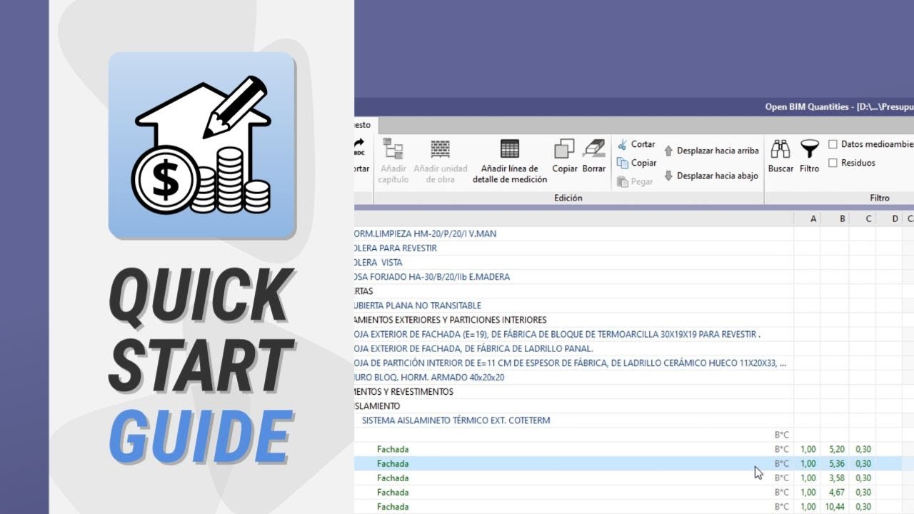 Open BIM Quantities: Interface de trabalho do separador "Orçamento”